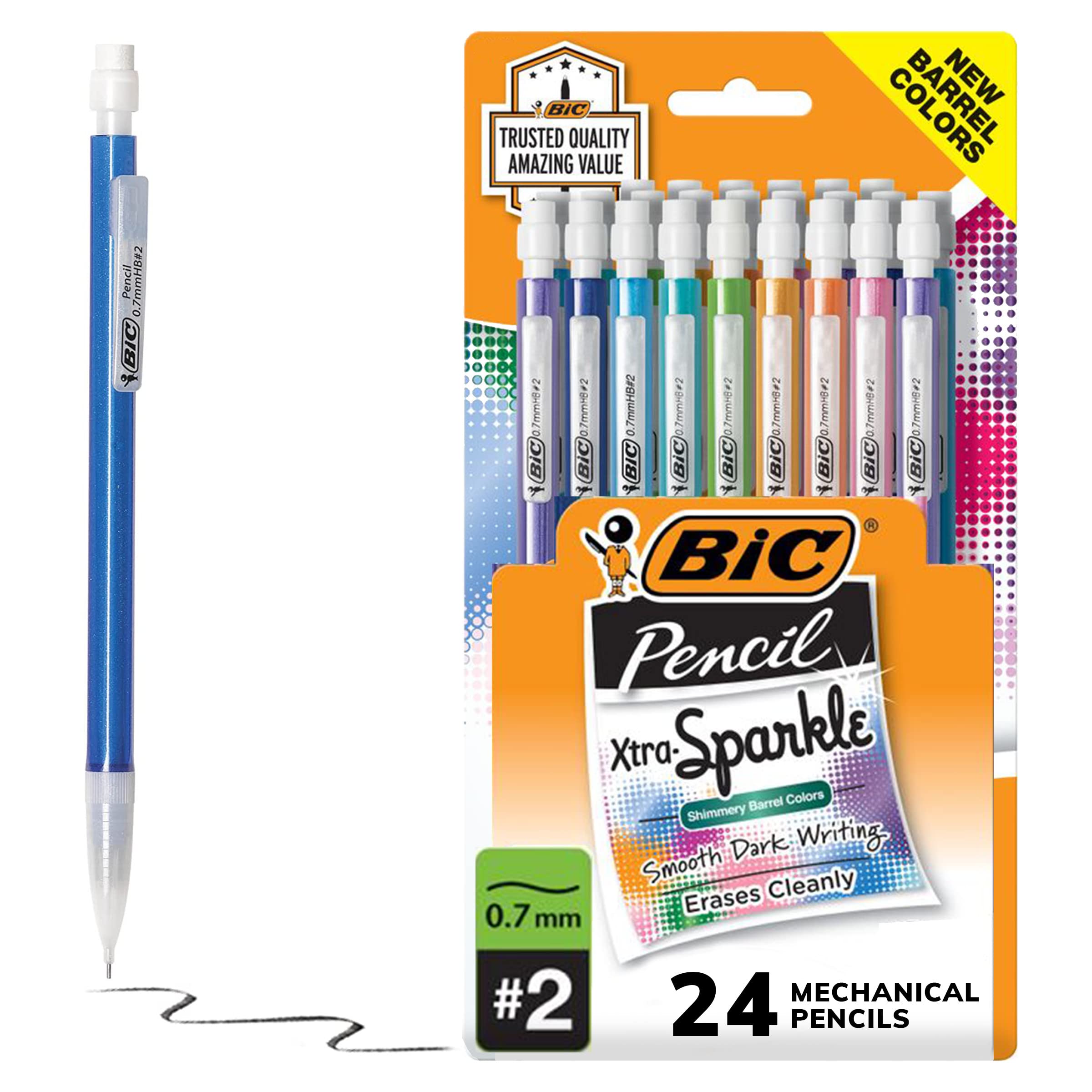 BIC Xtra-Sparkle Number 2 Mechanical Pencils With Erasers, Medium Point (0.7mm), 24-Count Pack, Cute Mechanical Pencils For Girls, Boys and Adults (MPLP241-BLK)