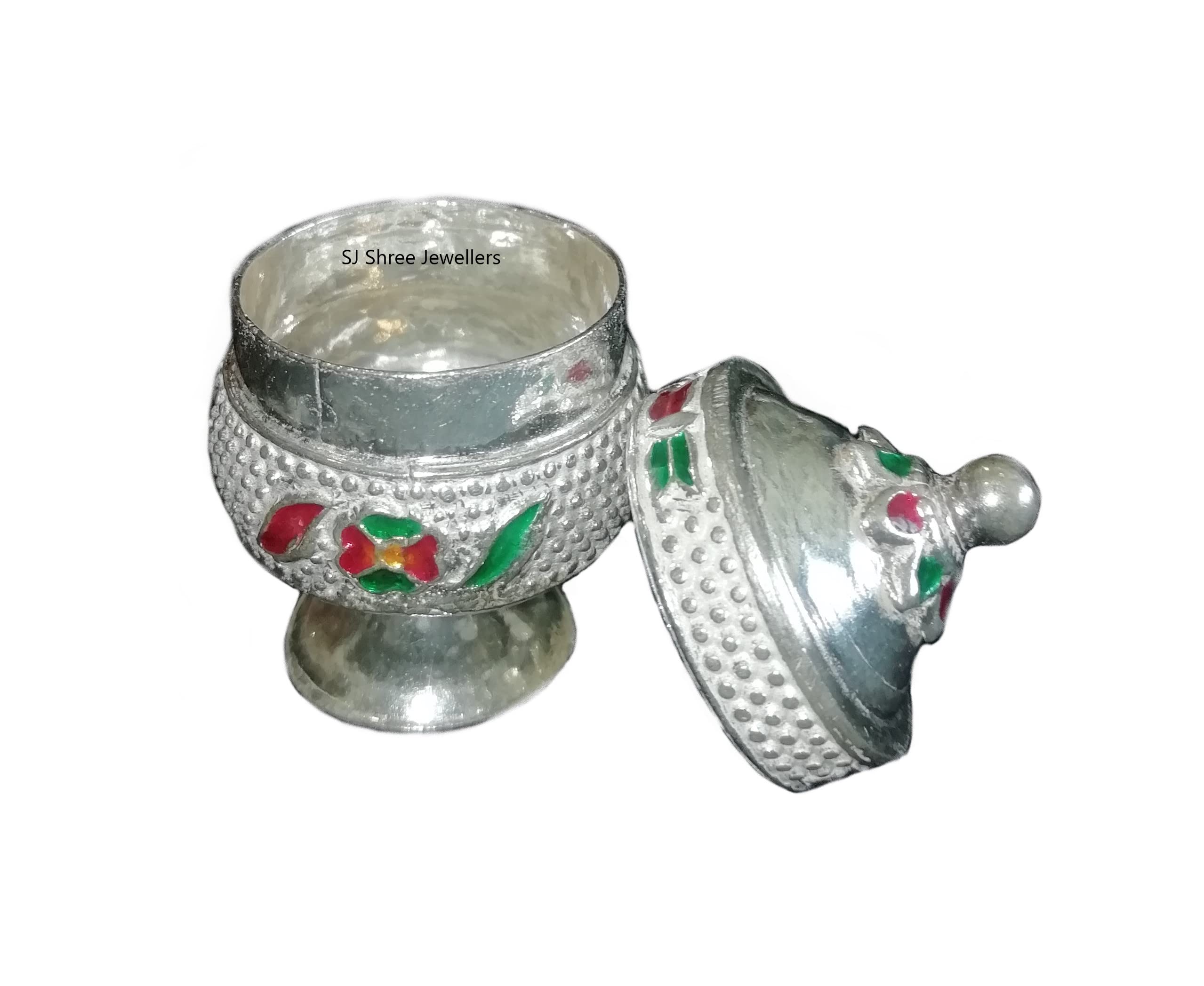 shree jewellers SJ Pure Silver Designer Meenakari Sindoor Dabbi with Lid, Pooja Items for Home, KumKum Round Box Spiritual Gift Item ~ Small Size 3.5 x 2.4 cm