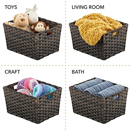 mDesign Wide Rectangular Woven Braided Rope Home Storage Baskets with Handles - for Organizing Closet, Bedroom, Bathroom, Living Room, Entryway, Office - 8.25" High, 2 Pack - Espresso Brown