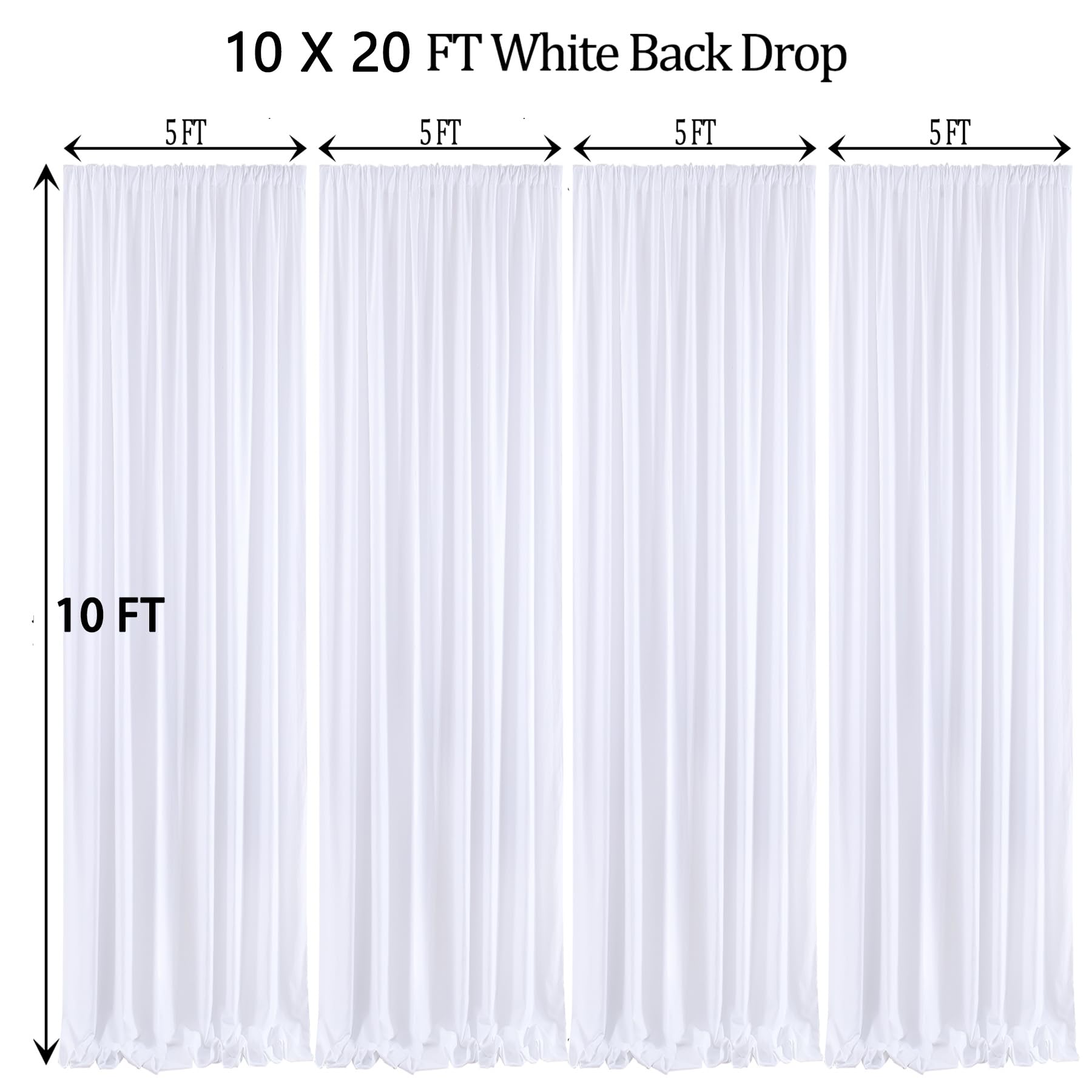 Htper 20ft x 10ft White Backdrop Curtain Panels for Parties, Thick Wrinkle Resistant 4 Panels Polyester Wedding Backdrop Drapes for Party Birthday Backdrop Photography Home Decorations