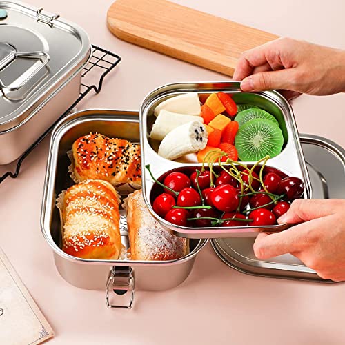 AIYoo 2 Tier Salad Container for Lunch Metal Bento Box 304 Stainless Steel Sandwich Containers Lunch Box With Leakproof Lid and Secure Locks - 1350ML / 46oz for Variety of Foods Snack Container
