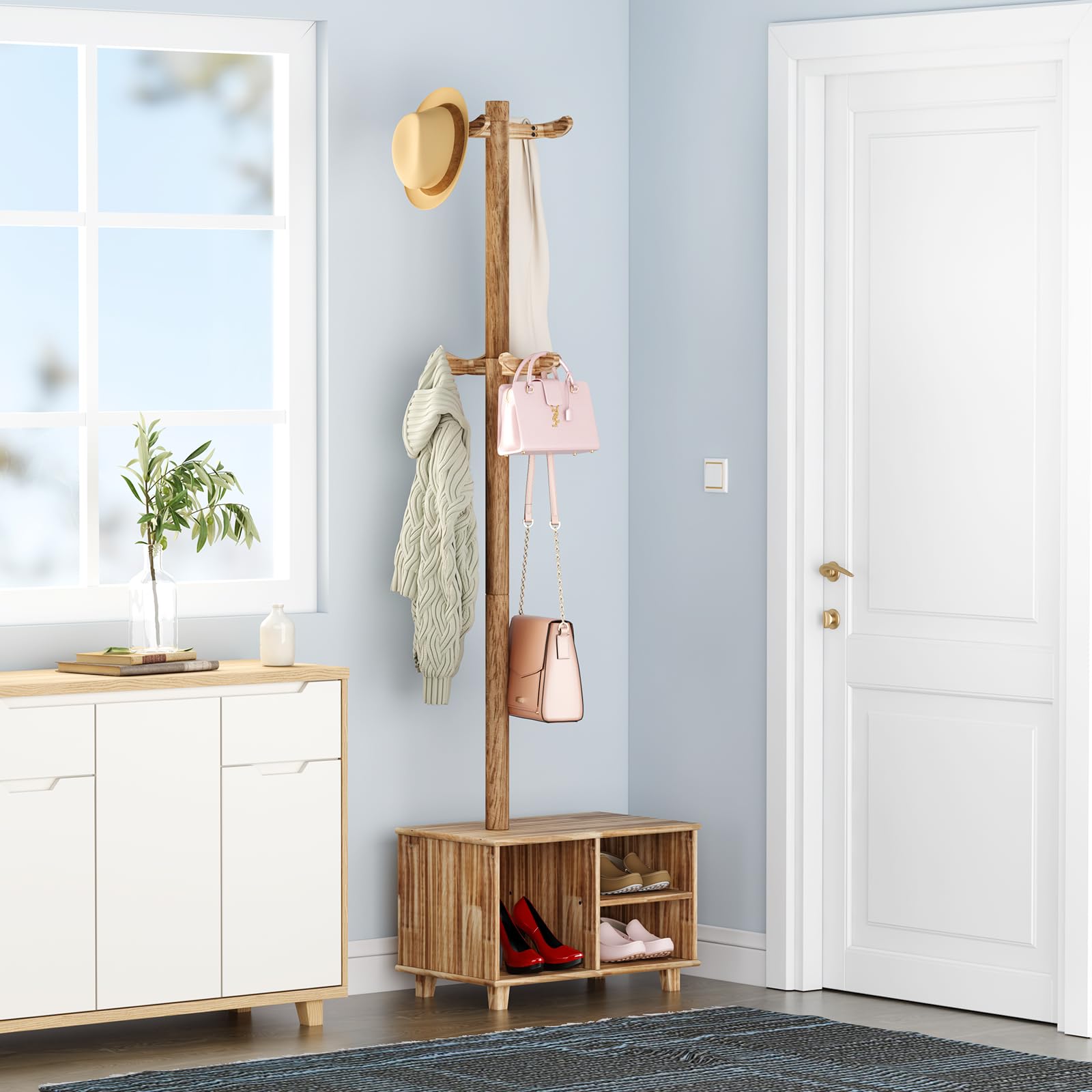 Yoimori Coat Rack, Wooden Coat Rack Freestanding with Storage Cabinet and 12 Hooks, Coat Tree,Sturdy Coat Rack Stand for Entryway, Hallway, Bedroom, Living room, Office, Coats, Bags, Hats(Brown)