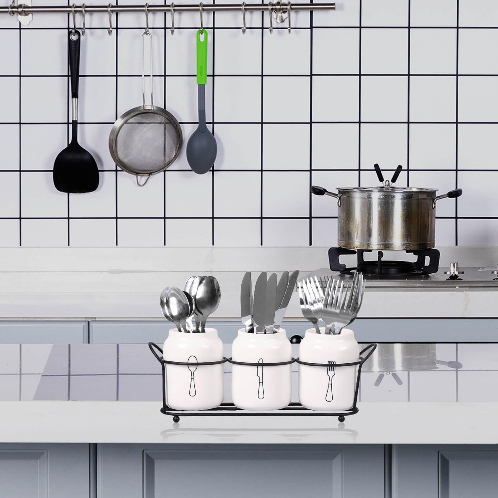 CLOTHUP Ceramic Silverware Caddy, Utensil Caddy with Metal Holder, Countertop Silverware Utensil Organizer Holder, Knives Spoons and Forks Utensil Organizer Holder for Kitchen and Party