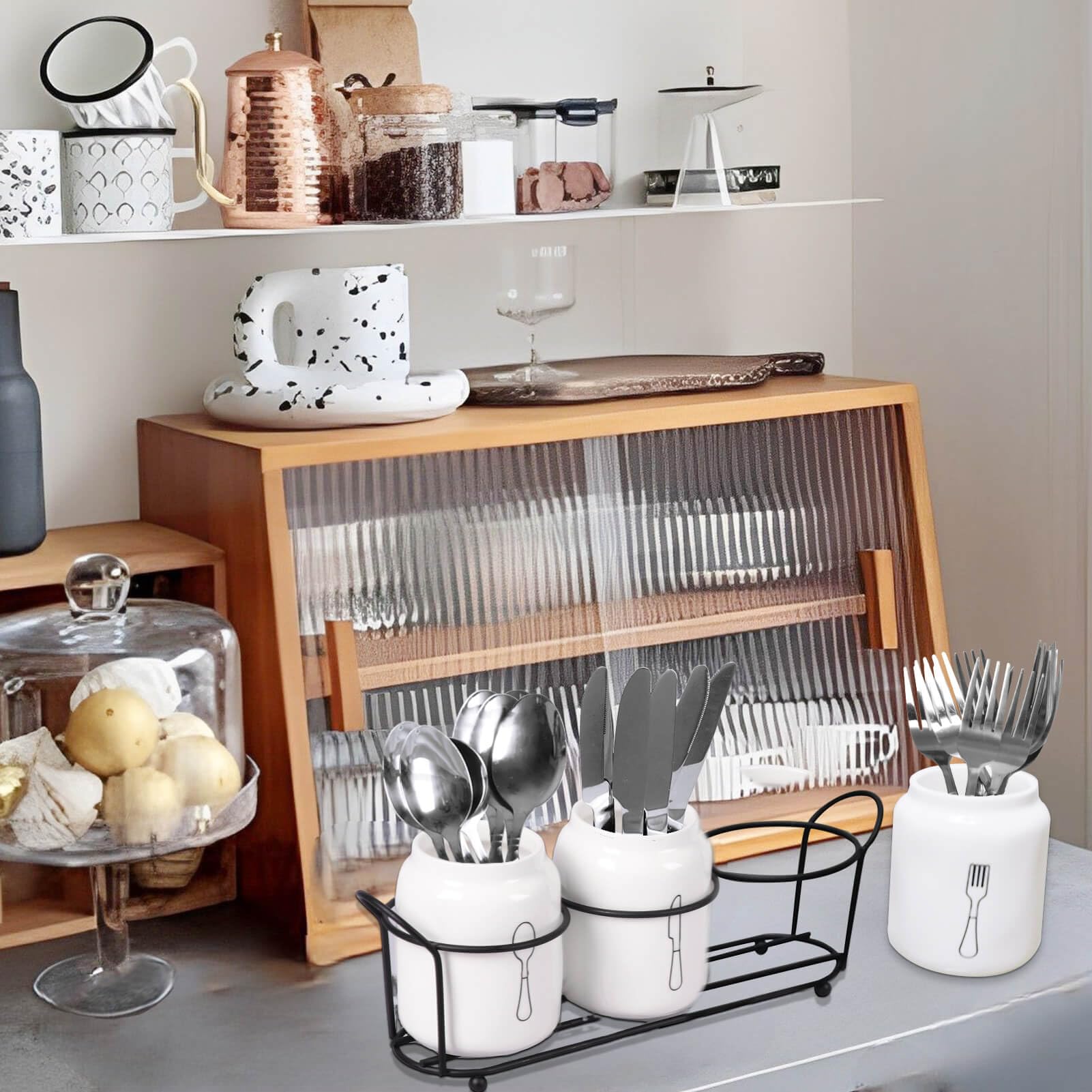 CLOTHUP Ceramic Silverware Caddy, Utensil Caddy with Metal Holder, Countertop Silverware Utensil Organizer Holder, Knives Spoons and Forks Utensil Organizer Holder for Kitchen and Party