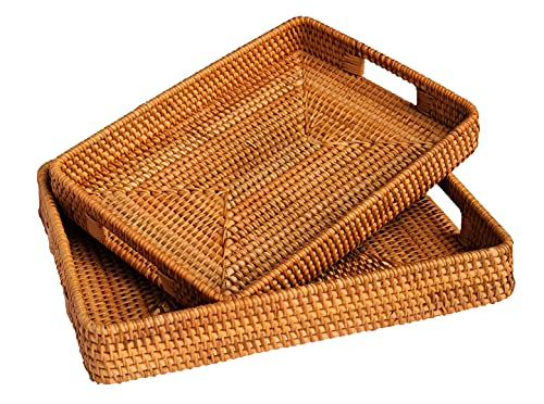 Rectangular Wicker Serving Tray-Set of 2- w/Inbuilt Handles-Handmade Woven Rattan Storage Basket-Decorative Coffee Tabletop Tray-Boho Flat Bathroom Organizer-(L- 15.4"x2.4" M- 13.7"x 2")