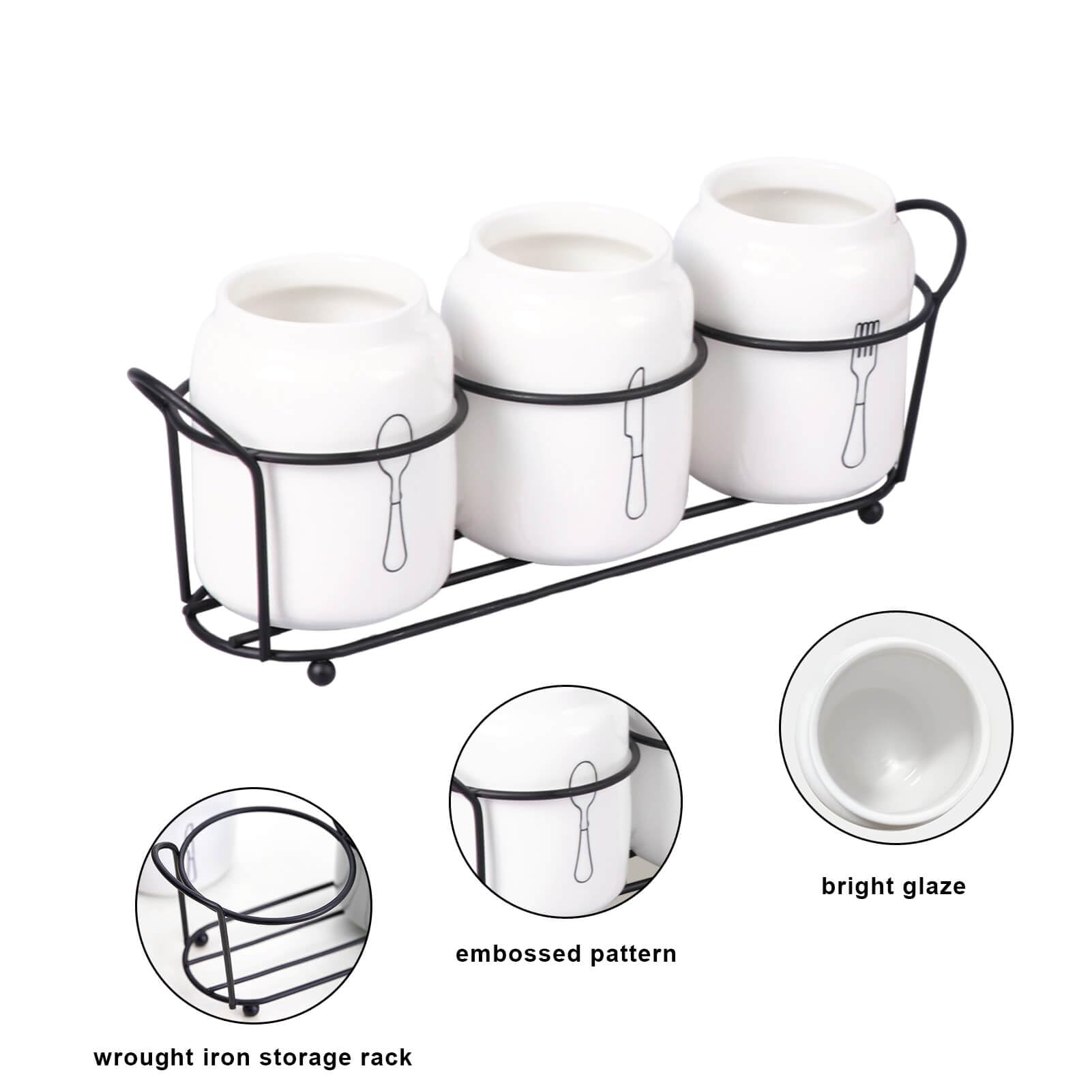 CLOTHUP Ceramic Silverware Caddy, Utensil Caddy with Metal Holder, Countertop Silverware Utensil Organizer Holder, Knives Spoons and Forks Utensil Organizer Holder for Kitchen and Party
