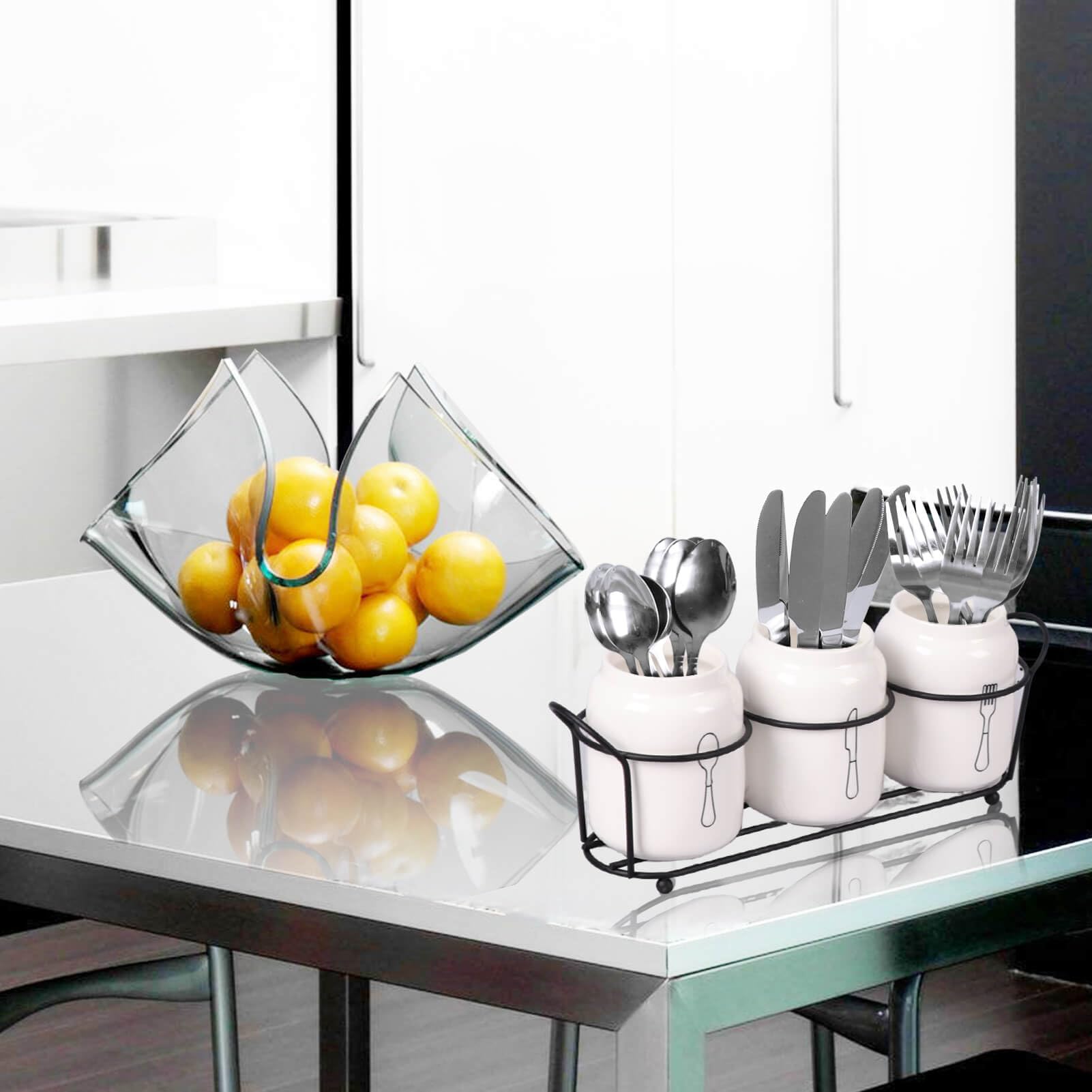 CLOTHUP Ceramic Silverware Caddy, Utensil Caddy with Metal Holder, Countertop Silverware Utensil Organizer Holder, Knives Spoons and Forks Utensil Organizer Holder for Kitchen and Party