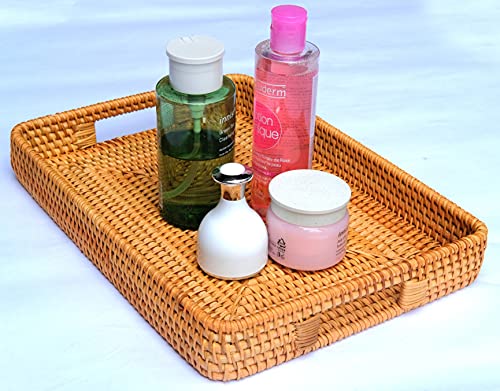 Rectangular Wicker Serving Tray-Set of 2- w/Inbuilt Handles-Handmade Woven Rattan Storage Basket-Decorative Coffee Tabletop Tray-Boho Flat Bathroom Organizer-(L- 15.4"x2.4" M- 13.7"x 2")