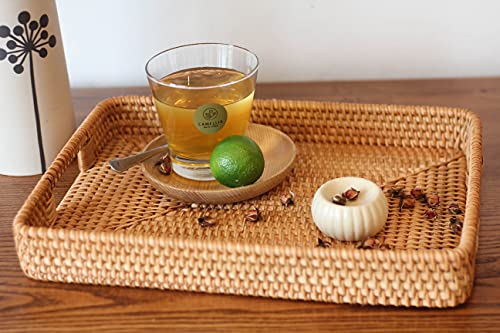 Rectangular Wicker Serving Tray-Set of 2- w/Inbuilt Handles-Handmade Woven Rattan Storage Basket-Decorative Coffee Tabletop Tray-Boho Flat Bathroom Organizer-(L- 15.4"x2.4" M- 13.7"x 2")