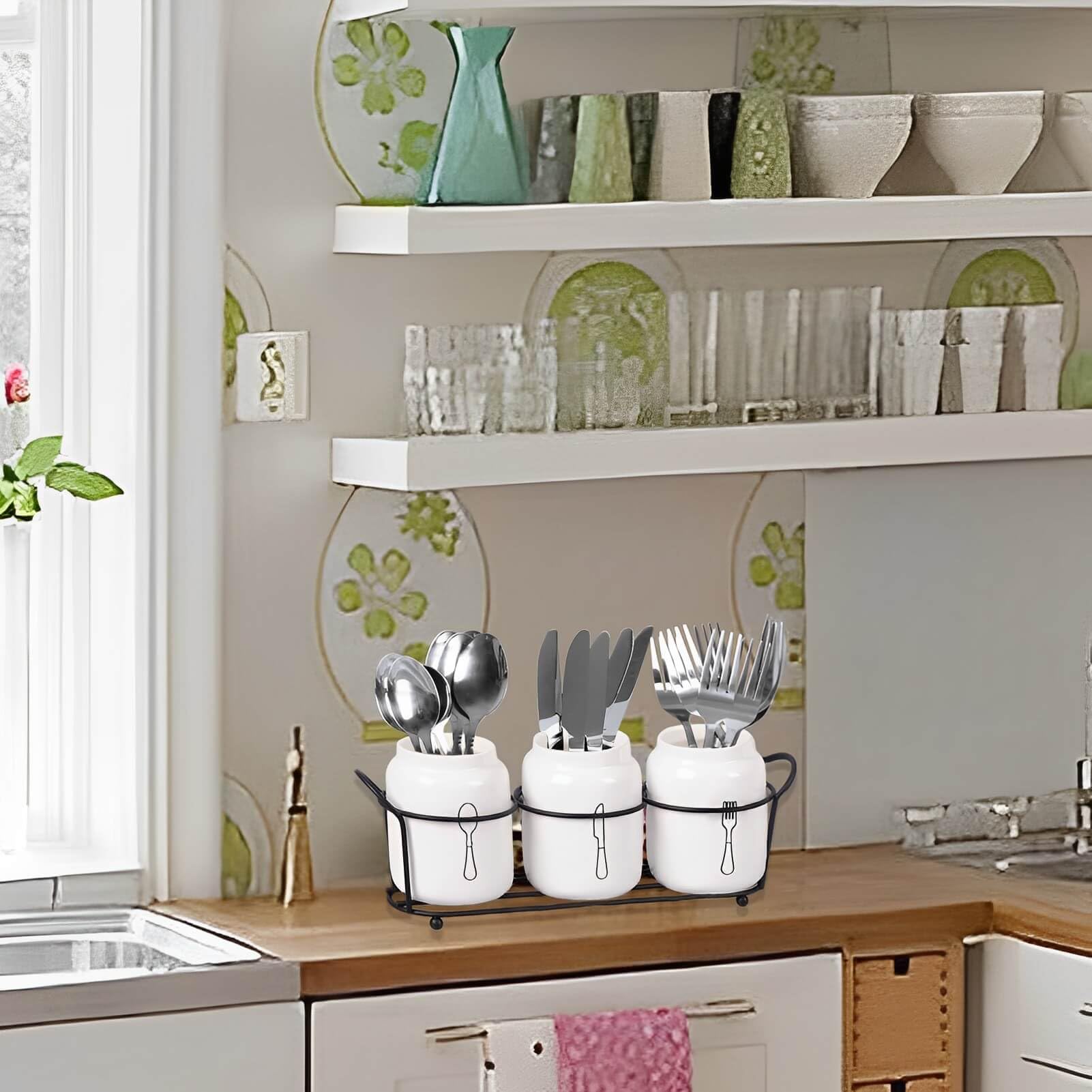 CLOTHUP Ceramic Silverware Caddy, Utensil Caddy with Metal Holder, Countertop Silverware Utensil Organizer Holder, Knives Spoons and Forks Utensil Organizer Holder for Kitchen and Party