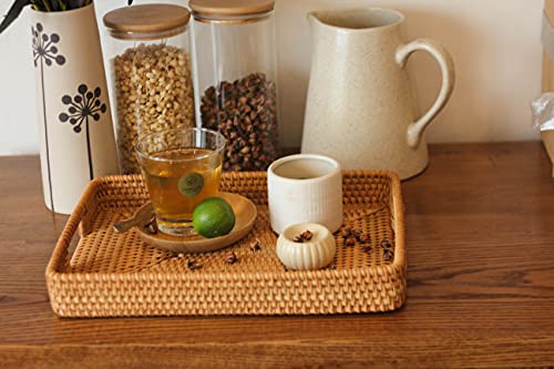 Rectangular Wicker Serving Tray-Set of 2- w/Inbuilt Handles-Handmade Woven Rattan Storage Basket-Decorative Coffee Tabletop Tray-Boho Flat Bathroom Organizer-(L- 15.4"x2.4" M- 13.7"x 2")