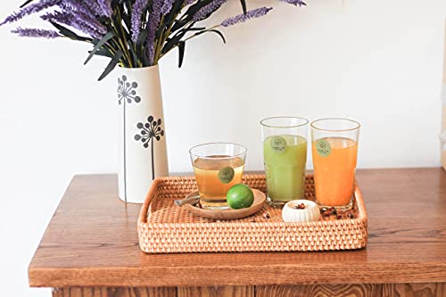 Rectangular Wicker Serving Tray-Set of 2- w/Inbuilt Handles-Handmade Woven Rattan Storage Basket-Decorative Coffee Tabletop Tray-Boho Flat Bathroom Organizer-(L- 15.4"x2.4" M- 13.7"x 2")