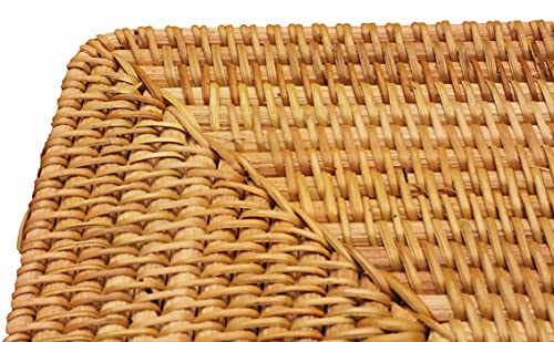 Rectangular Wicker Serving Tray-Set of 2- w/Inbuilt Handles-Handmade Woven Rattan Storage Basket-Decorative Coffee Tabletop Tray-Boho Flat Bathroom Organizer-(L- 15.4"x2.4" M- 13.7"x 2")