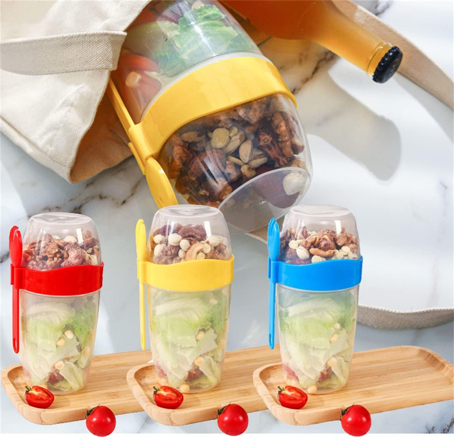 Habysedu Keep Fit Salad Meal Shaker Cup,Travel Cup with Snack Bowl, Portable Fruit and Vegetable Salad Cups Container with Fork & Salad Dressing Holder, Overnight Oats Containers with Lids(Blue)