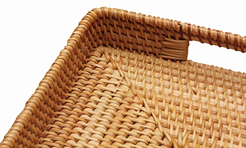 Rectangular Wicker Serving Tray-Set of 2- w/Inbuilt Handles-Handmade Woven Rattan Storage Basket-Decorative Coffee Tabletop Tray-Boho Flat Bathroom Organizer-(L- 15.4"x2.4" M- 13.7"x 2")