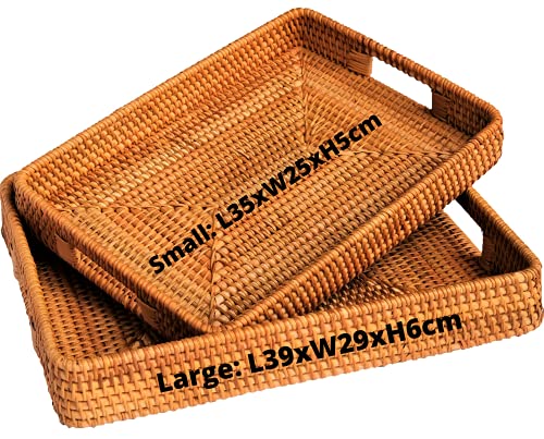 Rectangular Wicker Serving Tray-Set of 2- w/Inbuilt Handles-Handmade Woven Rattan Storage Basket-Decorative Coffee Tabletop Tray-Boho Flat Bathroom Organizer-(L- 15.4"x2.4" M- 13.7"x 2")