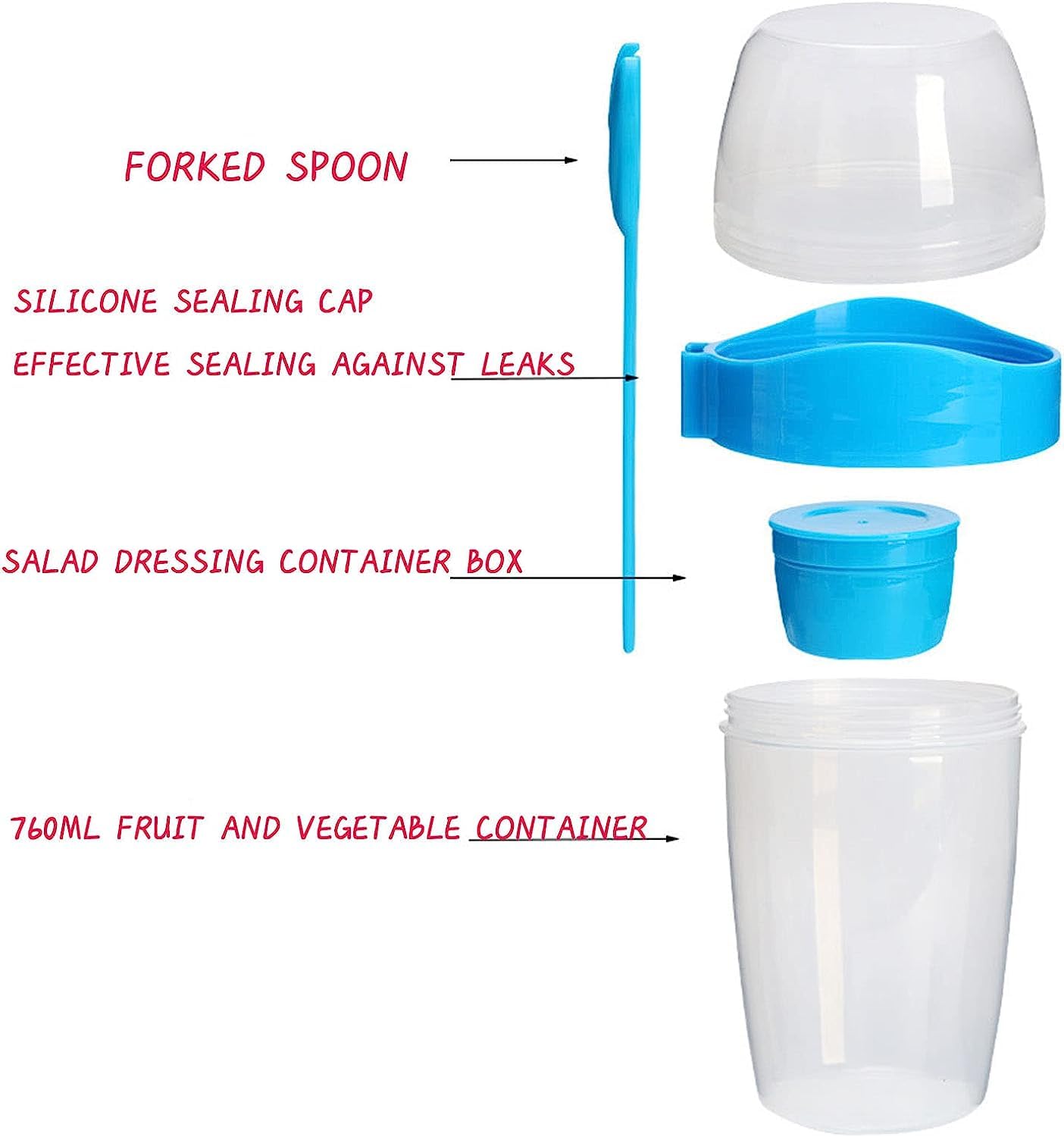 Habysedu Keep Fit Salad Meal Shaker Cup,Travel Cup with Snack Bowl, Portable Fruit and Vegetable Salad Cups Container with Fork & Salad Dressing Holder, Overnight Oats Containers with Lids(Blue)