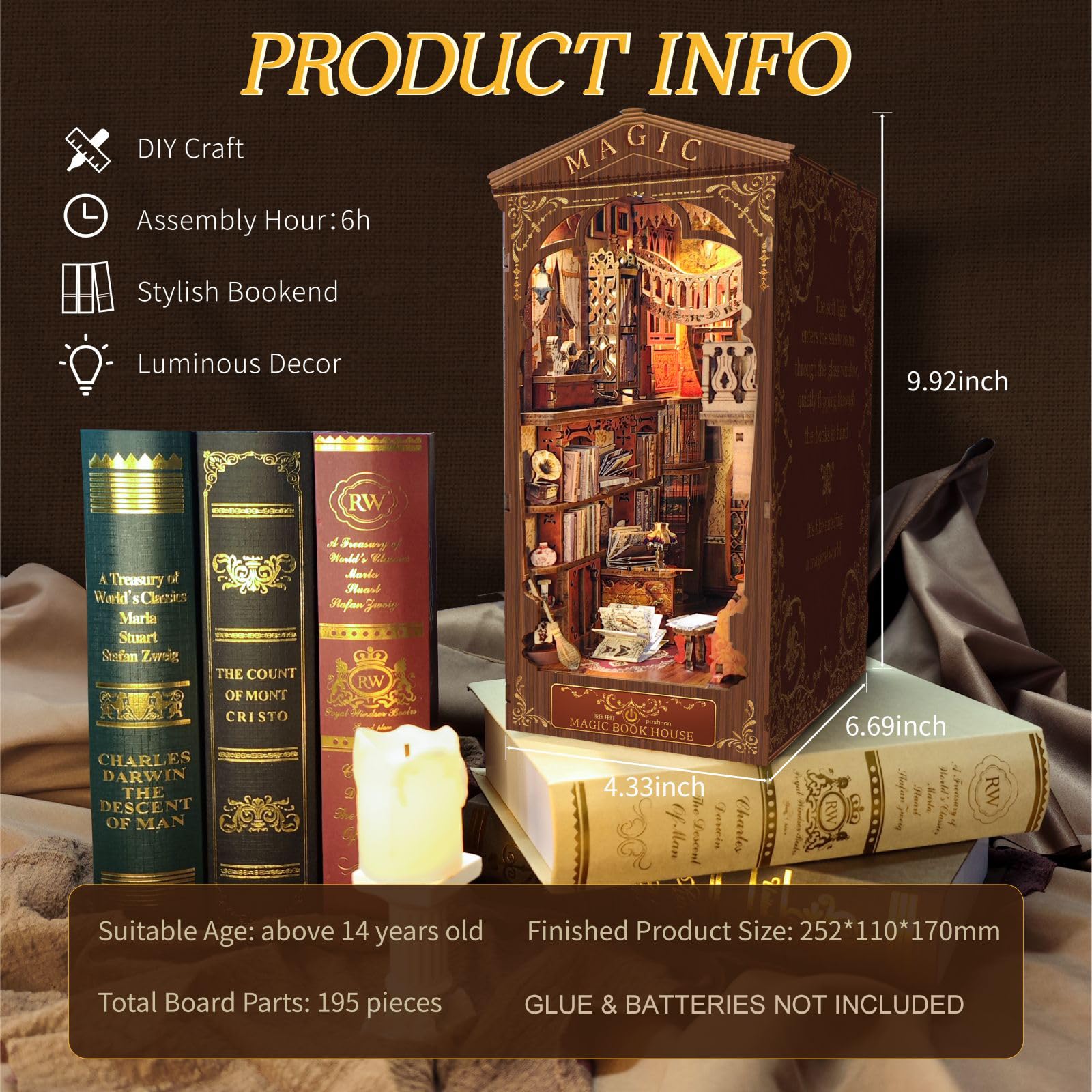 Book Nook Kit, DIY 3D Bookshelf Insert Decor, Wooden Puzzle Dollhouse with Sensor LED Light, Bookend Building Set for Teens Adults - Magic Book House