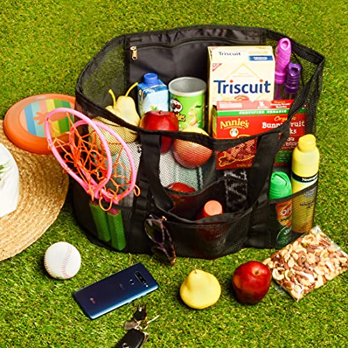 Mesh Beach Tote - Large Vacation & Travel Essentials Black Beach Bag, Foldable & Washable Lightweight Woven Summer Must Haves Swim Tote for Pool, Towels, Clothes, Food, Drinks, Necessities - 24x15x8.5