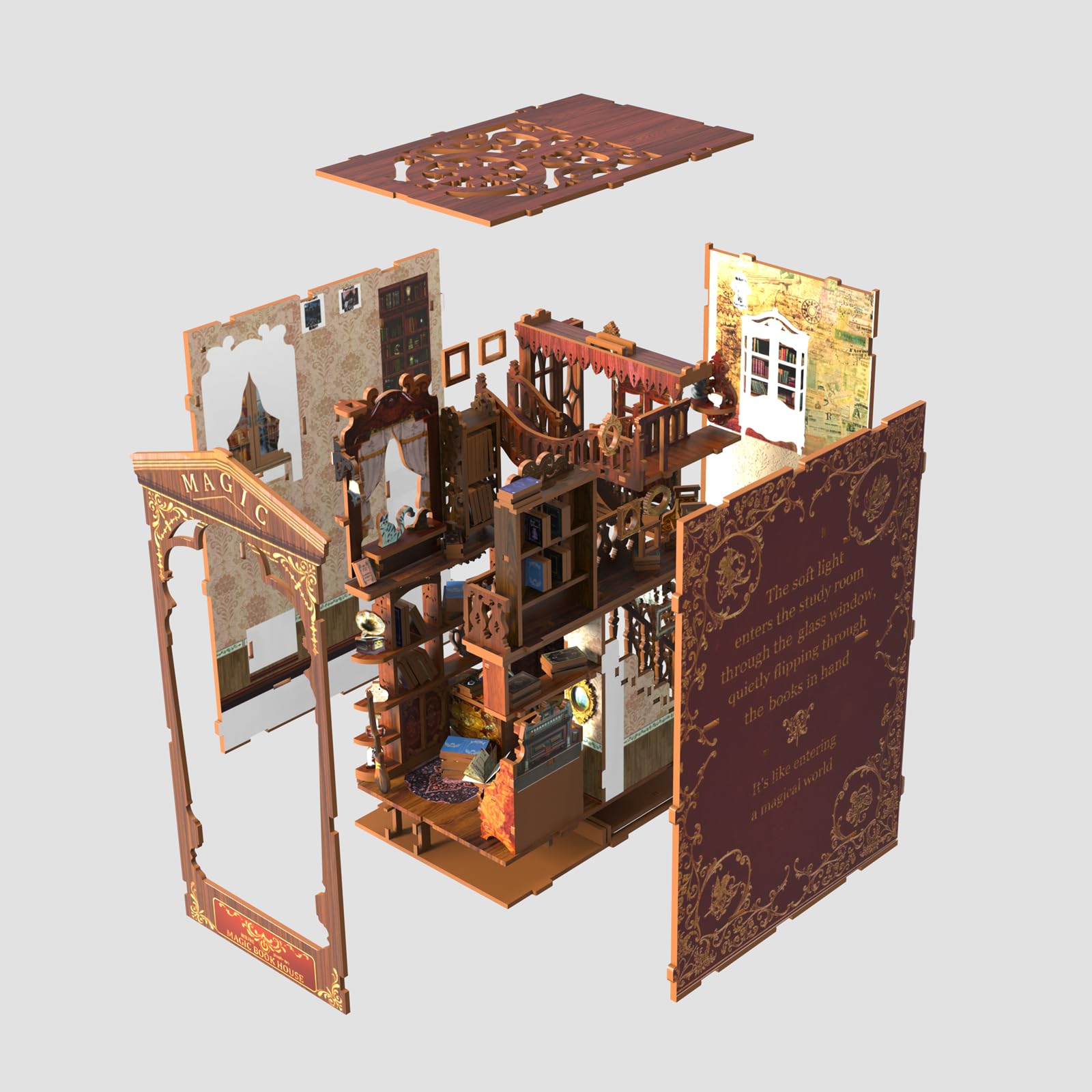 Book Nook Kit, DIY 3D Bookshelf Insert Decor, Wooden Puzzle Dollhouse with Sensor LED Light, Bookend Building Set for Teens Adults - Magic Book House