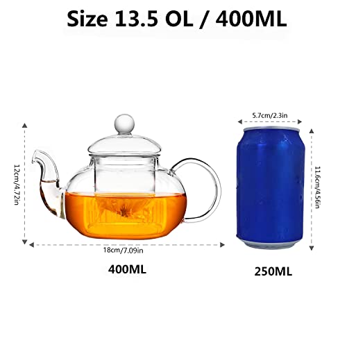 Small Glass Teapot with Infuser,Tea Pot Stovetop Safe Blooming and Loose Leaf Tea Maker Set (13.5 OZ/400ML)