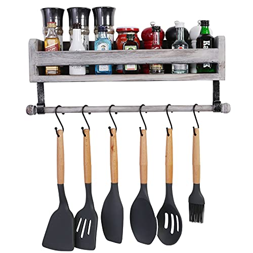 Satauko Wooden Floating Shelves with 8 Hooks for Kitchen Spice Rack, Wall Mounted Shelf with Towel Bar for Bathroom Organizer, Wall Hanging Book Shelves for Nursery Storage.(Grey)