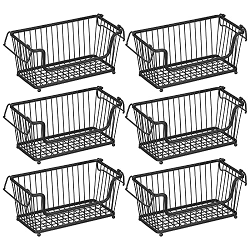 mDesign Stackable Metal Basket for Kitchen Storage - Wire Farmhouse Bin Basket w/Handles for Pantry - Stacking Wire Basket Organizer for Food, Drinks, Snacks - Hyde Collection, 6 Pack, Black
