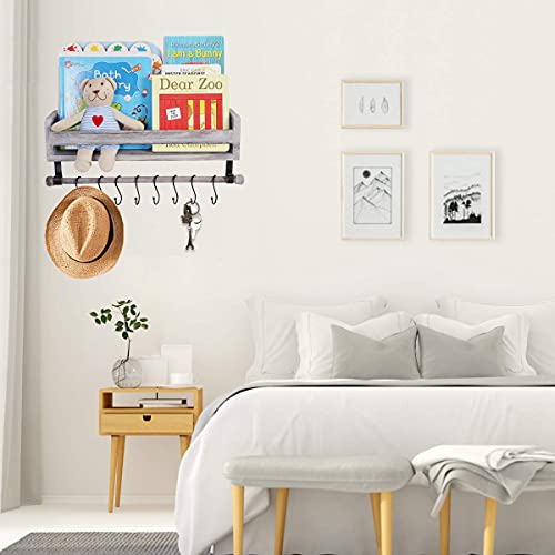 Satauko Wooden Floating Shelves with 8 Hooks for Kitchen Spice Rack, Wall Mounted Shelf with Towel Bar for Bathroom Organizer, Wall Hanging Book Shelves for Nursery Storage.(Grey)