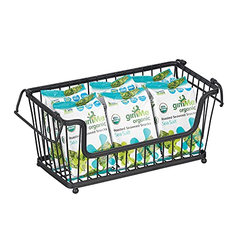 mDesign Stackable Metal Basket for Kitchen Storage - Wire Farmhouse Bin Basket w/Handles for Pantry - Stacking Wire Basket Organizer for Food, Drinks, Snacks - Hyde Collection, 6 Pack, Black
