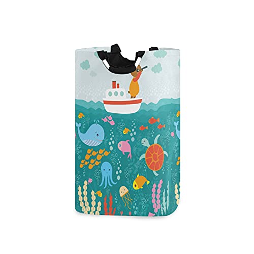 Rabbit Hare on Ship Dolphin Sea Turtle Fishes Octopus Turquoise Ocean Laundry Hamper Basket Bucket, Foldable Dirty Clothes Bag, Waterproof Fabric Washing Bin, Toy Storage with Handles for Bathroom