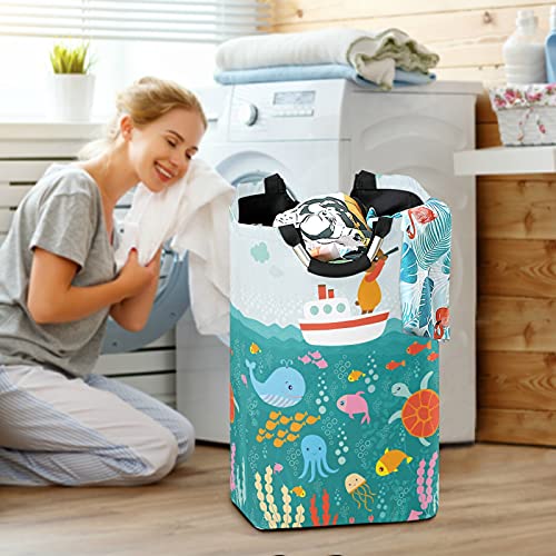 Rabbit Hare on Ship Dolphin Sea Turtle Fishes Octopus Turquoise Ocean Laundry Hamper Basket Bucket, Foldable Dirty Clothes Bag, Waterproof Fabric Washing Bin, Toy Storage with Handles for Bathroom