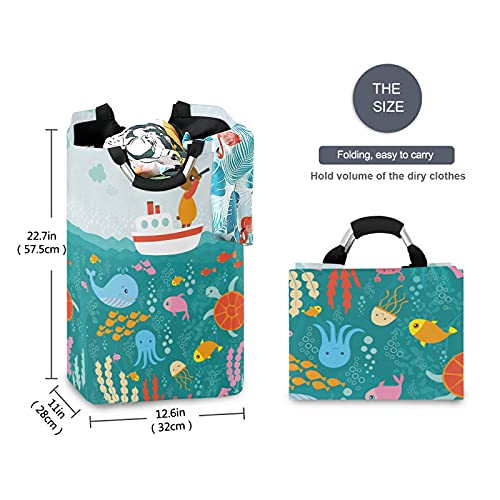 Rabbit Hare on Ship Dolphin Sea Turtle Fishes Octopus Turquoise Ocean Laundry Hamper Basket Bucket, Foldable Dirty Clothes Bag, Waterproof Fabric Washing Bin, Toy Storage with Handles for Bathroom