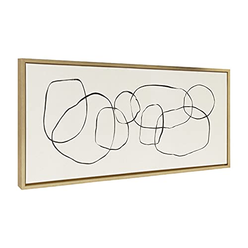 Kate and Laurel Sylvie Dancing Circles Framed Linen Textured Canvas Wall Art by Teju Reval of SnazzyHues, 18x40 Gold, Neutral Abstract Wall Decor