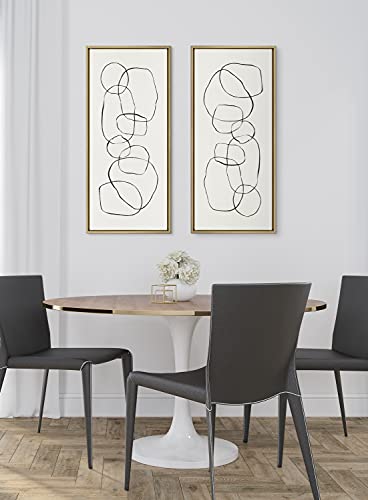 Kate and Laurel Sylvie Dancing Circles Framed Linen Textured Canvas Wall Art by Teju Reval of SnazzyHues, 18x40 Gold, Neutral Abstract Wall Decor