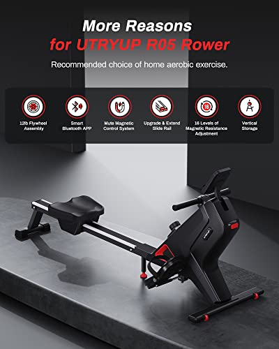 Magnetic Rowing Machine, UTRYUP Bluetooth Rower Machine for Home, Upgrade Resistance Strength with 16 Levels, Custom Widened Foot Pedals, 350 Lbs Weight Capacity