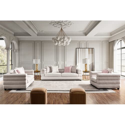 Acanva Modern Sofa with Channel Tufting and Soft Pocket Coil Cushions, Small Space Living Room Furniture, 89”W Couch, White Teddy Velvet