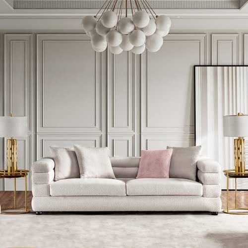 Acanva Modern Sofa with Channel Tufting and Soft Pocket Coil Cushions, Small Space Living Room Furniture, 89”W Couch, White Teddy Velvet