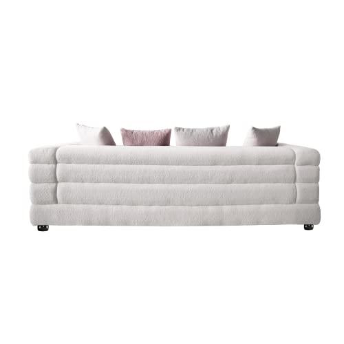 Acanva Modern Sofa with Channel Tufting and Soft Pocket Coil Cushions, Small Space Living Room Furniture, 89”W Couch, White Teddy Velvet