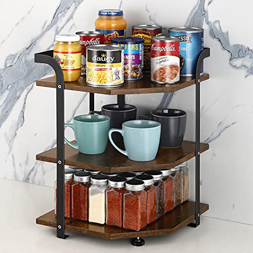 BTY 3-Tier Kitchen Corner Organizer Shelf Multifunction Standing Countertop Storage Rack Bathroom Corner Organizer for Spice Can Sauce Jars Dishes Plates Cosmetics(Black)