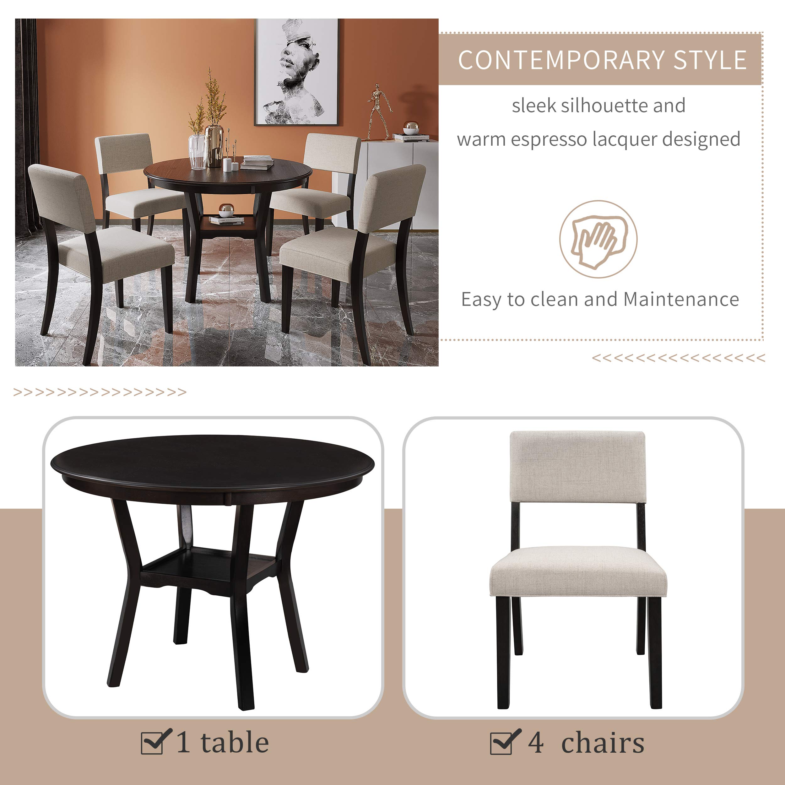 FRANSOUL 5-Piece Set Round Wooden Table with Bottom Shelf, 4 Upholstered Chairs for Dining Room, Kitchen, Dinette, Family Breakfast, Dark Brown