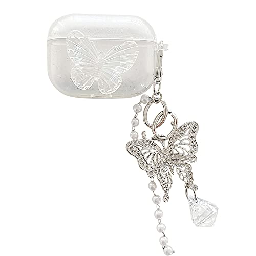 HENJI Case for Airpods Pro, 3D Cute Glitter Soft Earphone Accessorie Cover for Air Pods Pro, Headphone Headset Cover with Pearl Butterfly Pendant, Gift for Girls Women (Butterfly Keychain)