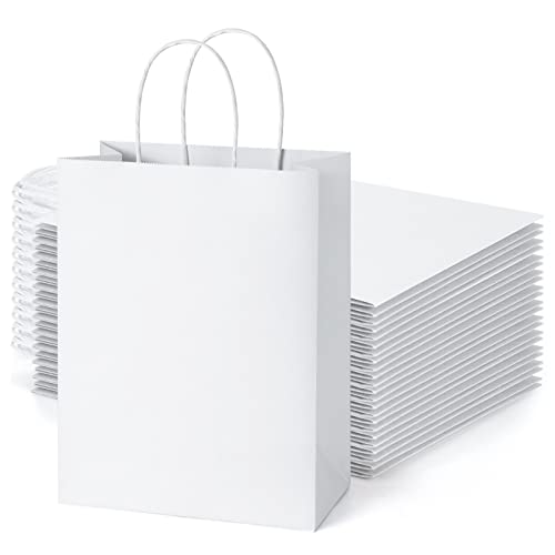 UCGOU Gift Bags 50Pcs 8x4.25x10.5 Inches White Kraft Paper Bags Paper Gift Bags with Handles Party Favor Bags Goodie Bags Shopping Bags Bulk Craft Bags Grocery Bags