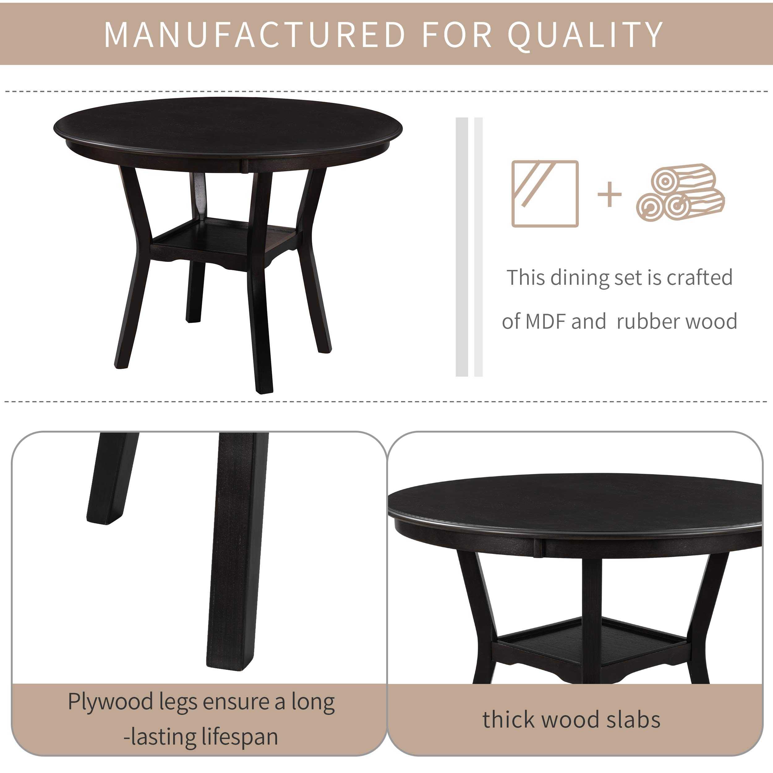 FRANSOUL 5-Piece Set Round Wooden Table with Bottom Shelf, 4 Upholstered Chairs for Dining Room, Kitchen, Dinette, Family Breakfast, Dark Brown