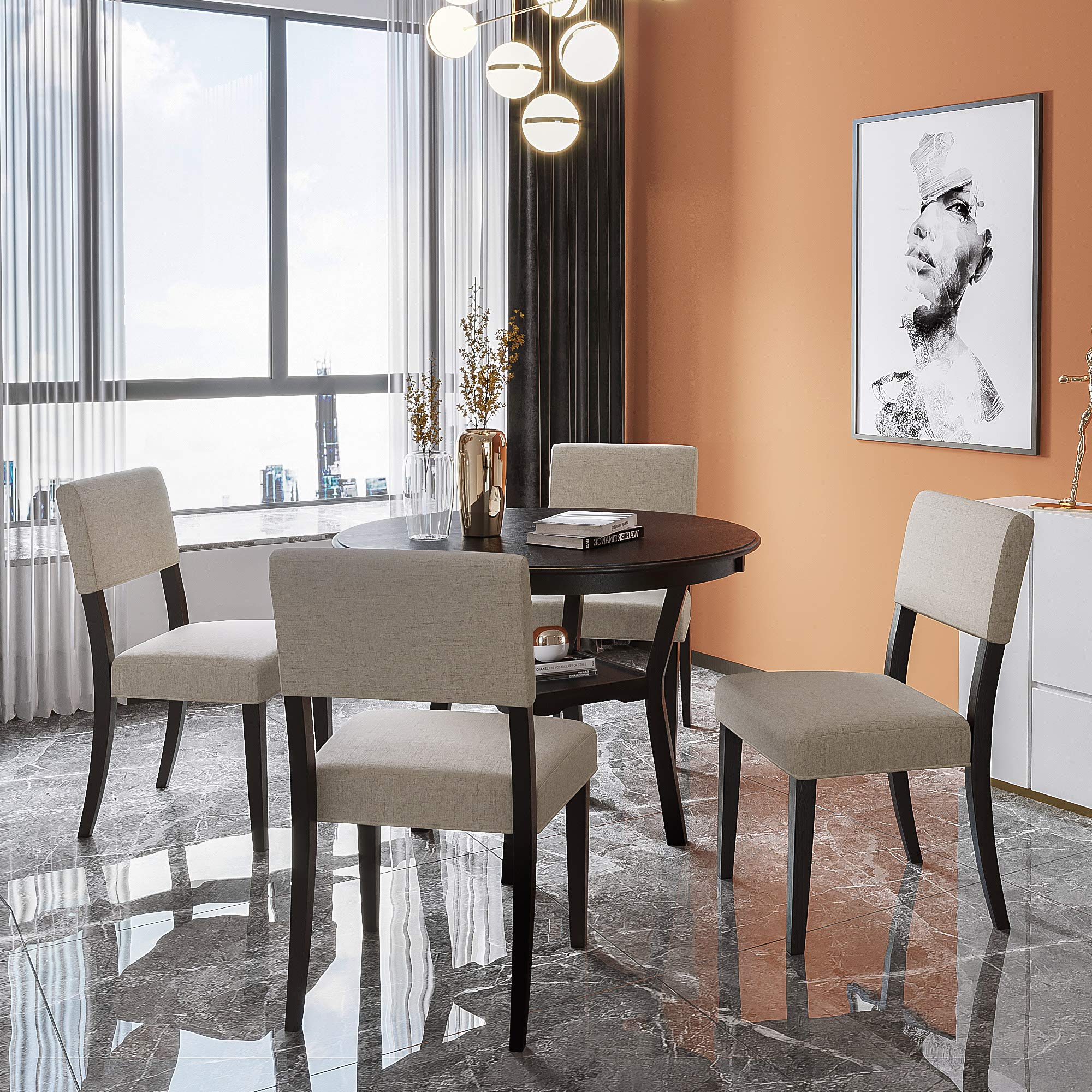 FRANSOUL 5-Piece Set Round Wooden Table with Bottom Shelf, 4 Upholstered Chairs for Dining Room, Kitchen, Dinette, Family Breakfast, Dark Brown