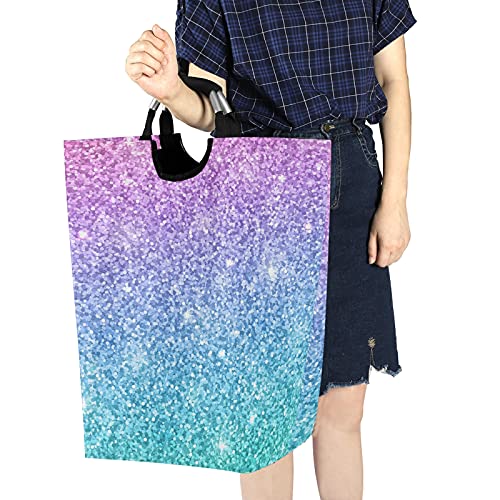 Multicolor Background Glitter Purple Blue Turquoise Gradient Laundry Hamper Basket Bucket, Foldable Dirty Clothes Bag, Waterproof Fabric Washing Bin, Toy Storage with Handles for Bathroom