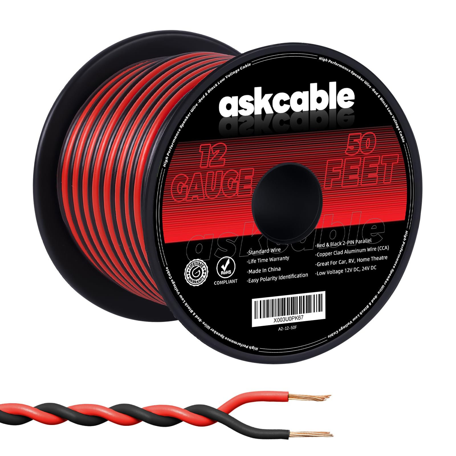 Askcable 12 Gauge 50 Feet Speaker Wire Cable 12AWG Speaker Wire 2 Conductors Wire Extension Cord Great Use for Car Speakers Stereos Home Theater Speakers Surround Sound Radio Black Red