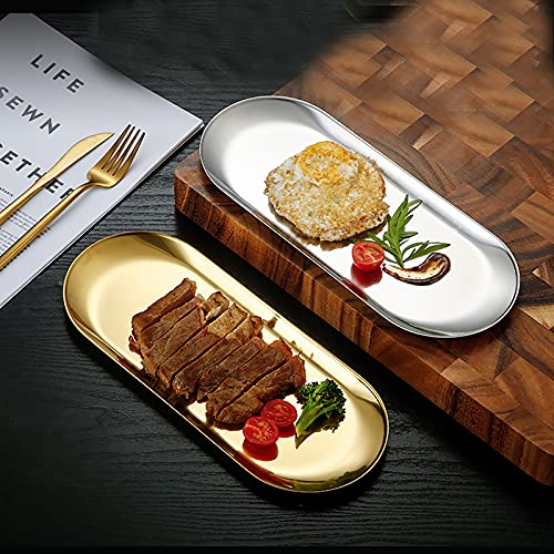 1 Pcs 9 Inch x 3.8 Inch Trinket Tray, Silver Stainless Steel, for Serving Trays Towel Storage Dish Plate Tea Fruit Trays Cosmetics Jewelry Plate Decorative Storage Tray