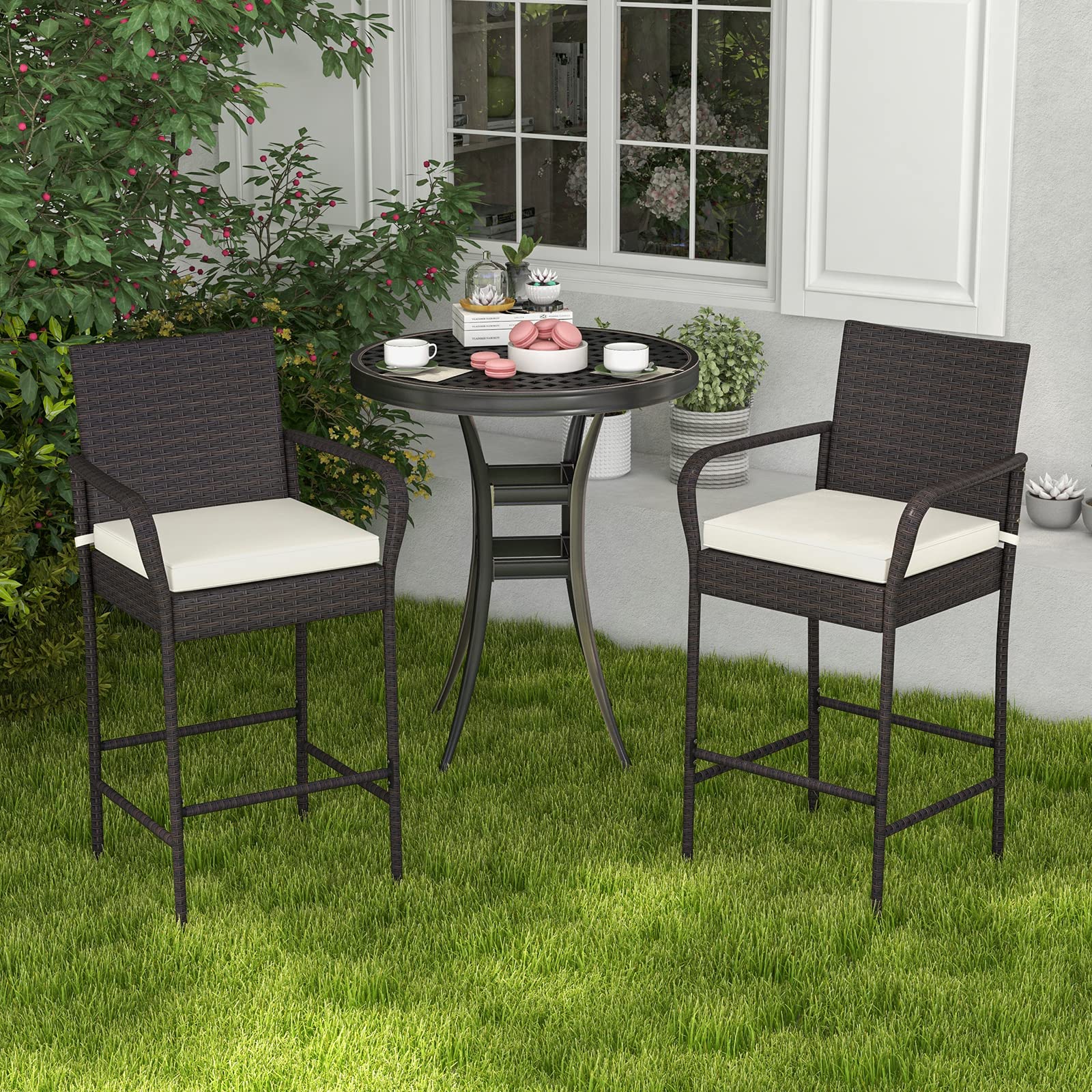 Tangkula Patio Wicker Barstools Set of 2, Outdoor PE Rattan Bar Chairs with Armrests & Soft Cushions, Stable Metal Frame, 400 lbs Max Load, Mix Brown PE Wicker Bar Chairs for Porch, Backyard