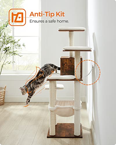 Feandrea WoodyWonders Cat Tree, Modern Cat Tower for Indoor Cats, 54.3-Inch Multi-Level Cat Condo, Ultra-Soft Plush, Scratching Posts, Hammock, Removable, Washable Cushions, Rustic Brown UPCT164X01