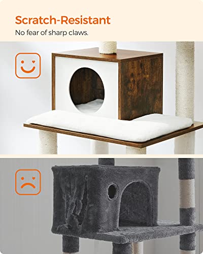 Feandrea WoodyWonders Cat Tree, Modern Cat Tower for Indoor Cats, 54.3-Inch Multi-Level Cat Condo, Ultra-Soft Plush, Scratching Posts, Hammock, Removable, Washable Cushions, Rustic Brown UPCT164X01